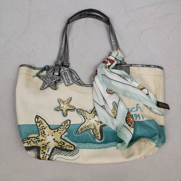 Coach | Bags | Coach Tote Bag Seashell Canvas Metallic Silver Leather 0 ...